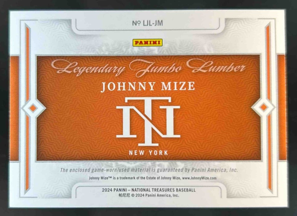 2024 Panini National Treasures Johnny Mize Legendary Jumbo Lumber Bat ...