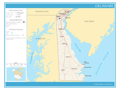 Map State of Delaware United States of America Political Physical Print ...