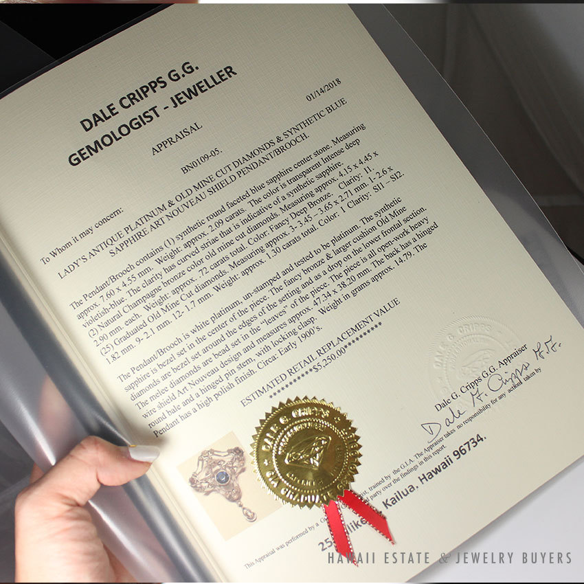 ANTIQUE SAPPHIRE & OLD MINE CUT DIAMOND PLATINUM SHIELD PENDANT/BROOCH ...