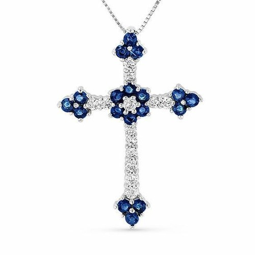 Blue Sapphire and 1.2 CT. Lab Diamond Floral Cross Pendant in 925 Fine ...