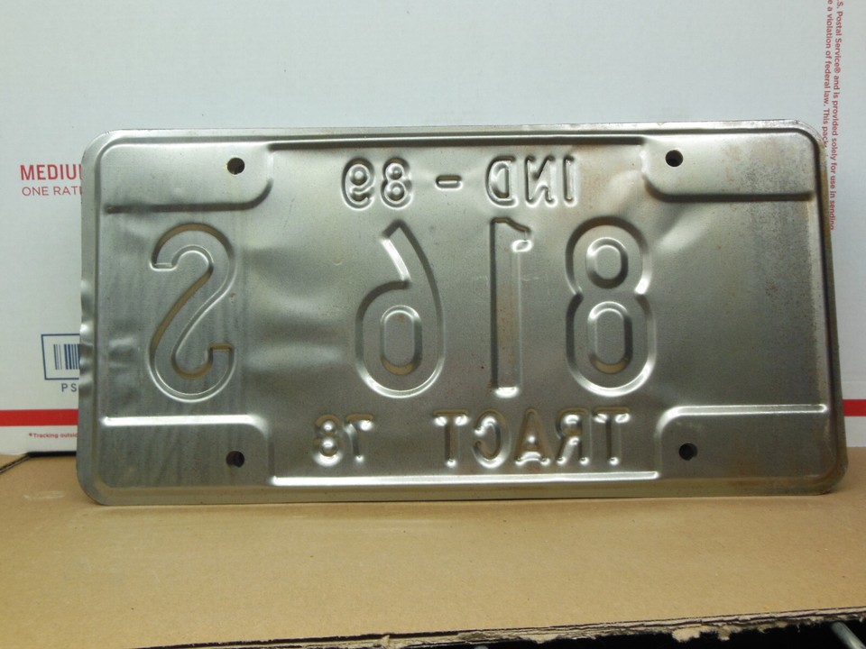 816 S = NOS 1989 Indiana Tractor 78 License Plate Blue Letters On White ...