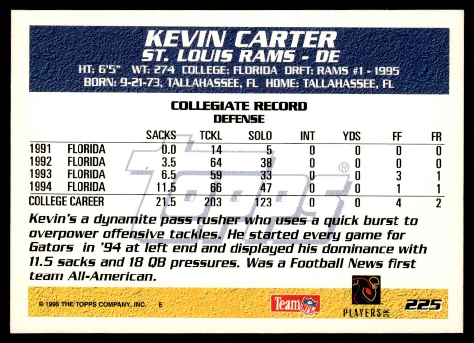 1995 Topps Draft Pick #225 Kevin Carter Rookie St. Louis Rams | eBay