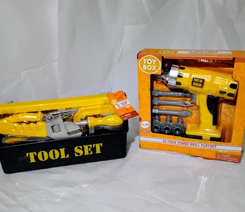 Toy Box Pretend Battery Operated Power Drill & Bit 10 PC Set Plus 21 PC ...
