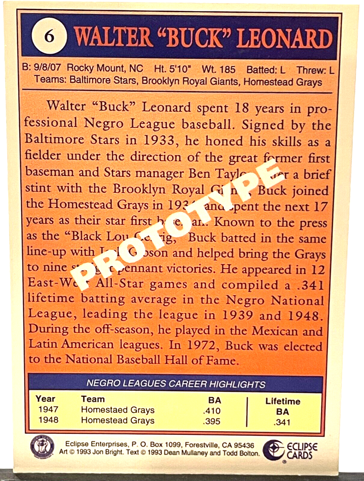 1993 Eclipse Enterprises Negro League Baseball Walter "Buck" Leonard ...