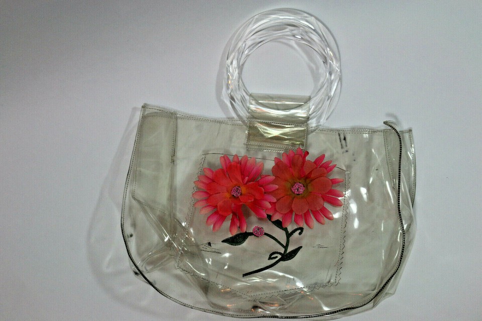 BEBE Clear Purse Tote Pink Plastic Bag Transparent Flower Embroidery ...