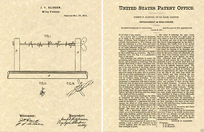 Glidden BARBED WIRE PATENT 1874 Art Print READY TO FRAME Joseph vintage ...