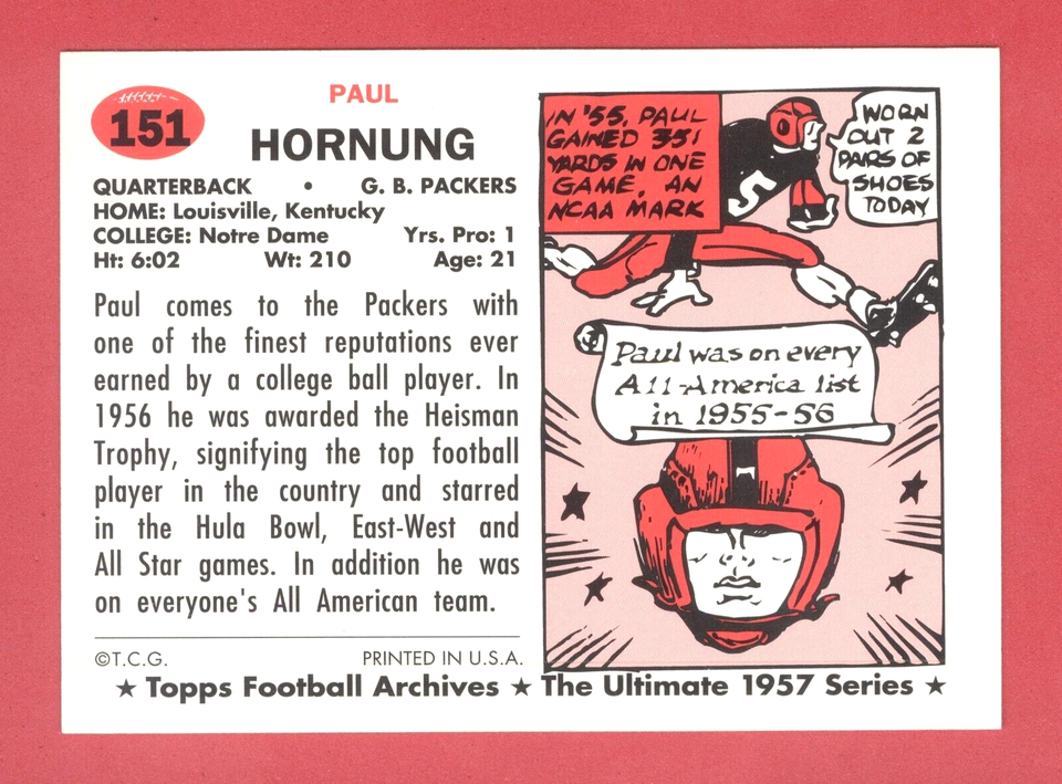 1994 TOPPS ARCHIVES ULTIMATE 1957 FB Paul Hornung TOPPS REPRINT CARD ...