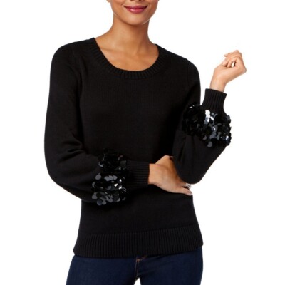 MICHAEL KORS NEW Women's Black Cotton Sequin-Cuff Crewneck Sweater Top XXS TEDO | eBay