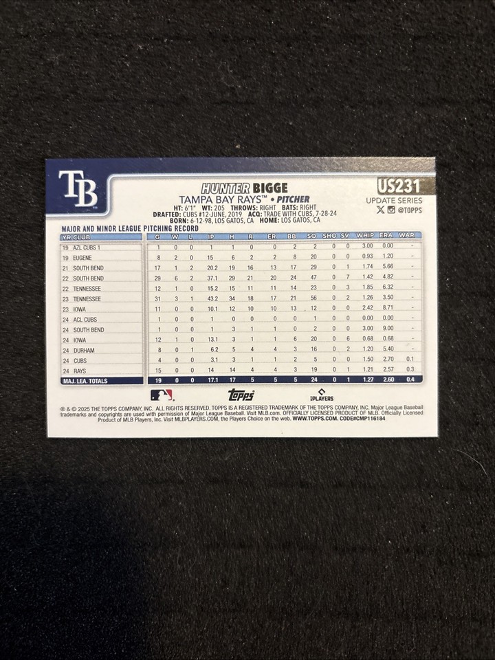 2025 Topps UPDATE Baseball US231 Hunter Bigge, Tampa Bay Rays RC | eBay