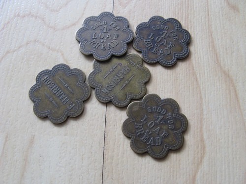 Lot of 5 x Early F Harrison Good For 1 Loaf Bread Brass Merchant Token ...