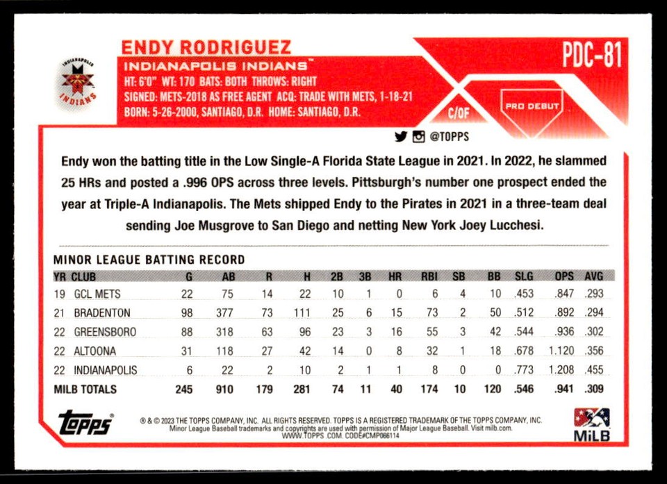 2023 Topps Pro Debut Chrome PDC81 Endy Rodriguez Indianapolis Indians ...