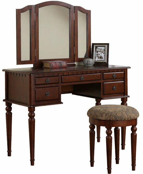 Cherry 3 pc Vanity Set Tri Mirror Wooden Table Stool Makeup Drawer ...