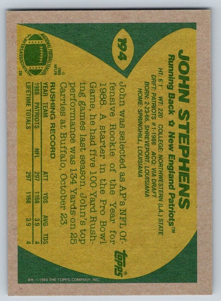 1989 Topps #194 John Stephens SR, RC New England Patriots | eBay