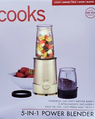 COOKS 5 in 1 Power Blender SILVER. Includes 2 Cups, 1 Lip Lid. 120V ...