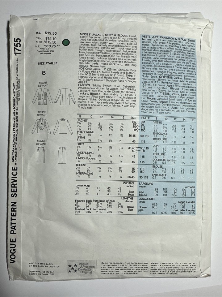UNCUT Vogue 1755 Anne Klein Misses Jacket Skirt & Blouse 8 Sewing ...