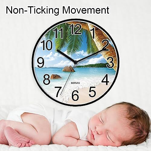 Wall Clock Non Ticking Large Number Coastal Beach Battery Operated ...
