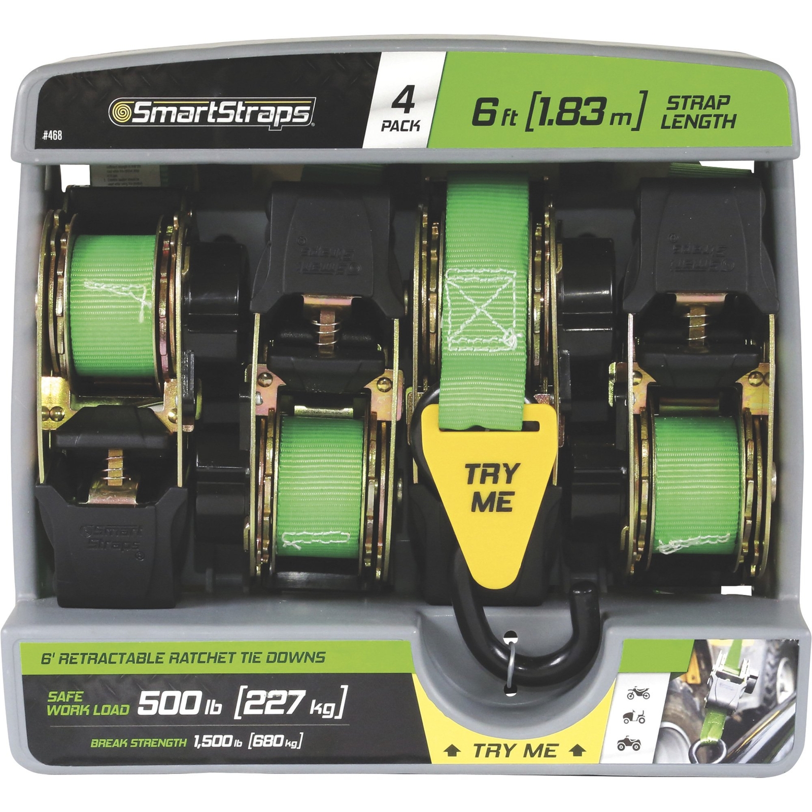 SmartStraps Ratchet Straps 6ft GRN Retractable 4pk 1 500lb Tie Downs ...