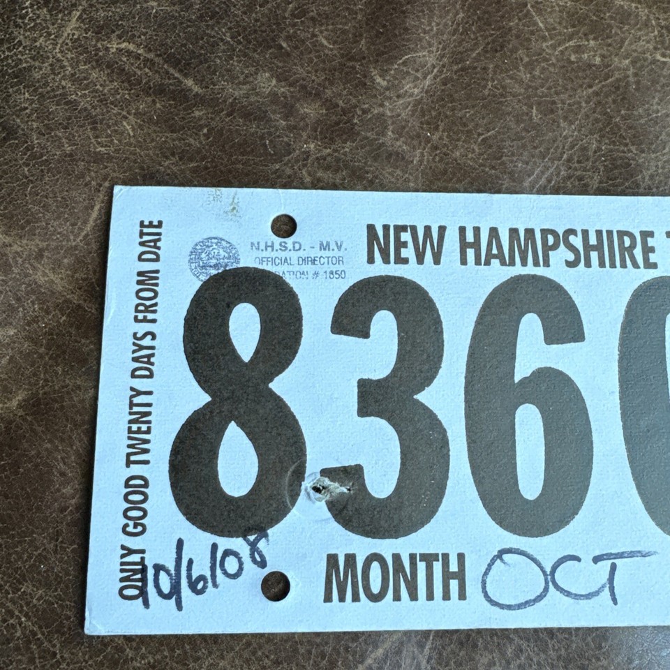 2008 New Hampshire temporary license plate Temp tag # 836057 Vintage | eBay