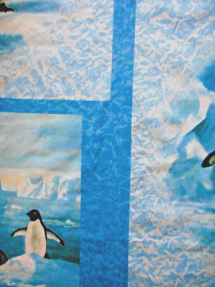 Fabric Quilt Panel Winter Penguins Scene Metallic Silver on Blue Cotton ...