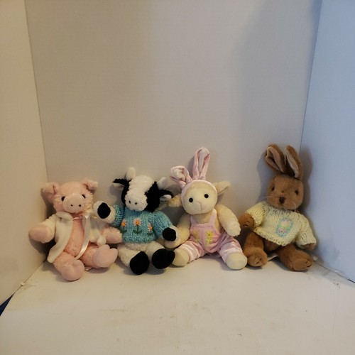 LOT OF 4 8" chrisha playful PLUSH BLACK WHITE COW , PIG, LAMB & BUNNY ...