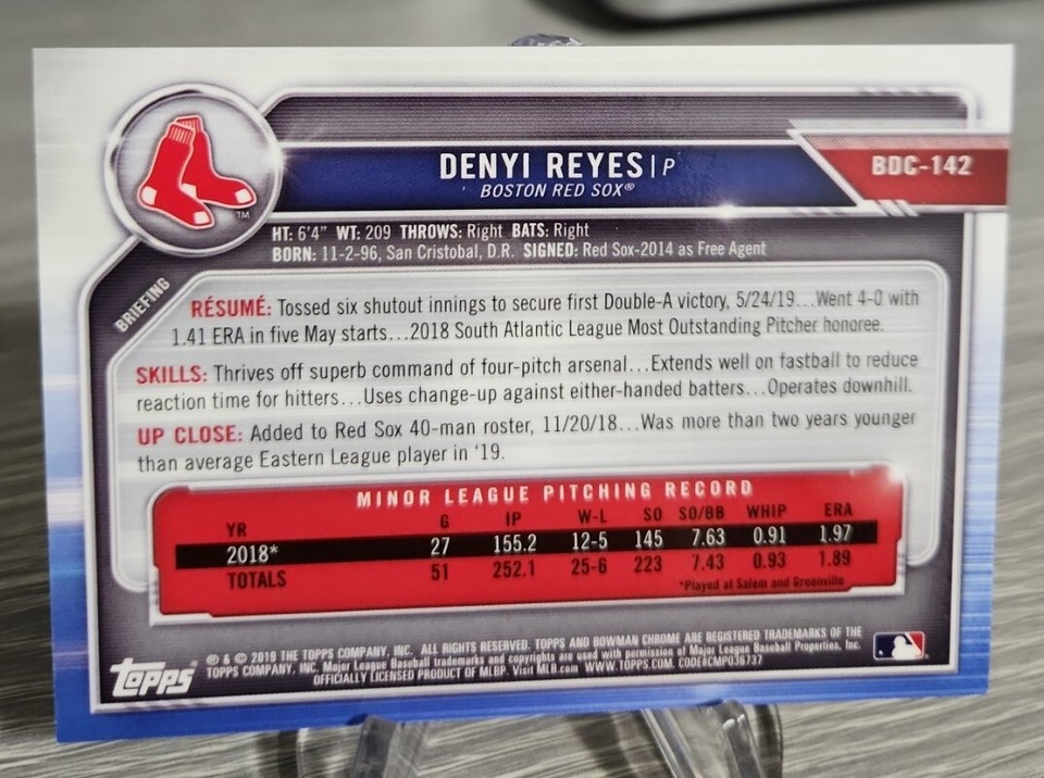 Denyi Reyes 2019 Bowman Chrome True Blue Refractor /150 #142 Boston Red ...