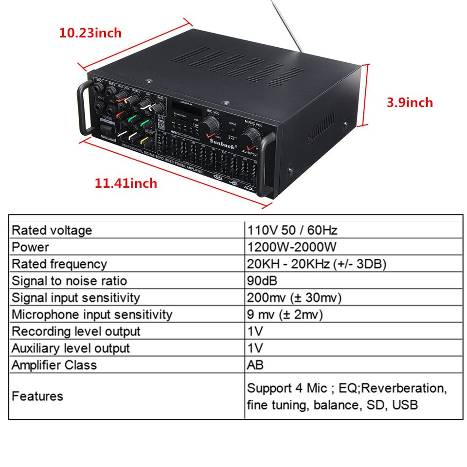 2000W 2 Channel Amp Stereo Amplifier Home Theater Audio Power Remote ...