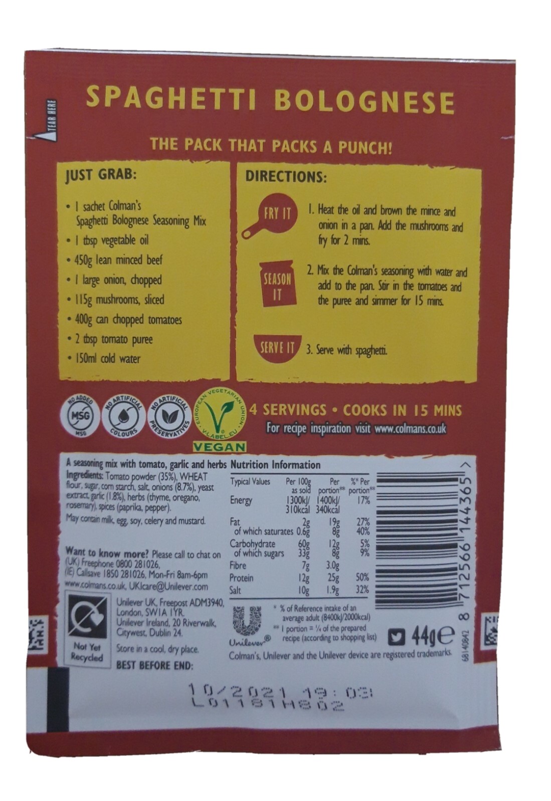 COLMAN'S 2 PACKETS OF COLMANS SPAGETTI BOLOGNESE SAUCE MIX (Vegan ...