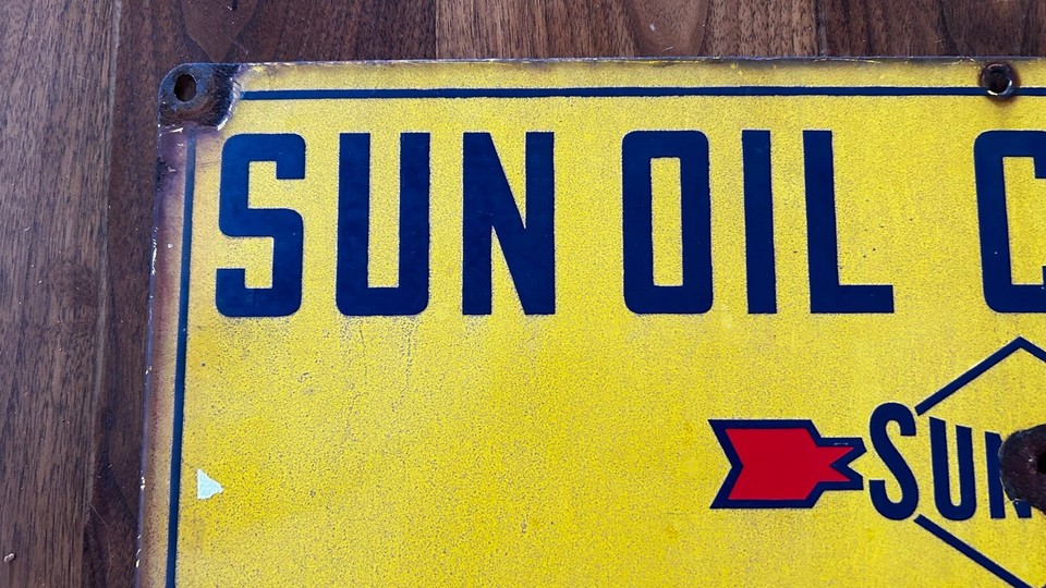 Vintage Original Sunoco Sun Oil Company Porcelain Sign 12x24” Authentic ...