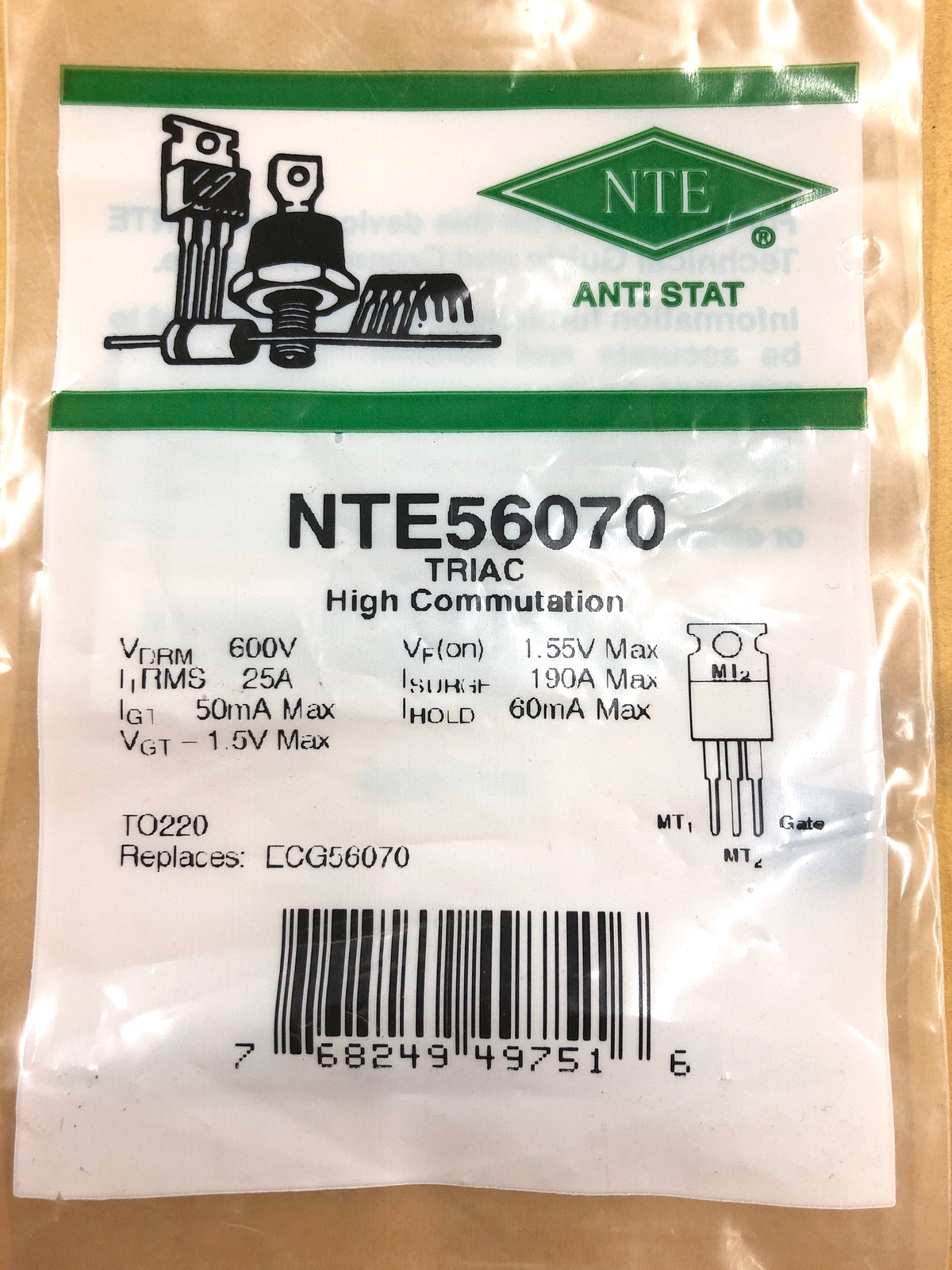 NTE Electronics NTE56070 TRIAC-600VRM 25A HIGH COMMUTATION TO-220 IGT 50MA for sale online | eBay