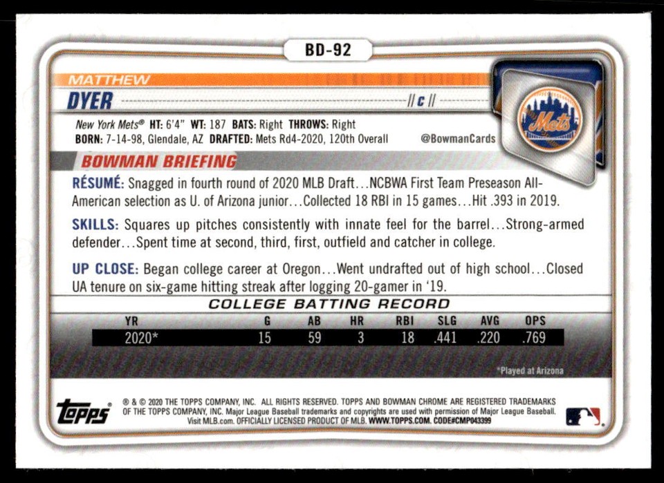 2020 1st Bowman Chrome Sapphire BD-92 Matthew Dyer Mets Baseball Card ...
