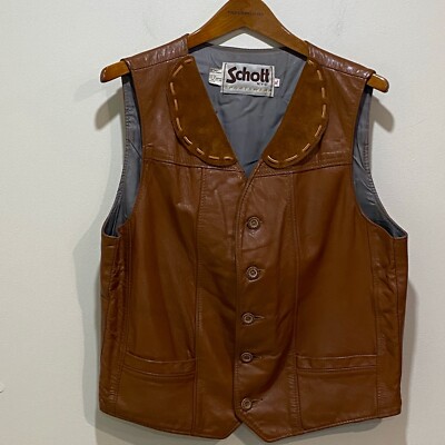Vintage Schott Vest Men's M Brown Leather Button Front Lined Western ...