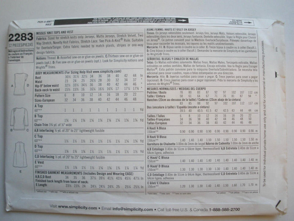 Simplicity Pattern 2283 Knit 3/4 Sleeve Top & Flowy Vest Size 6-14 ...