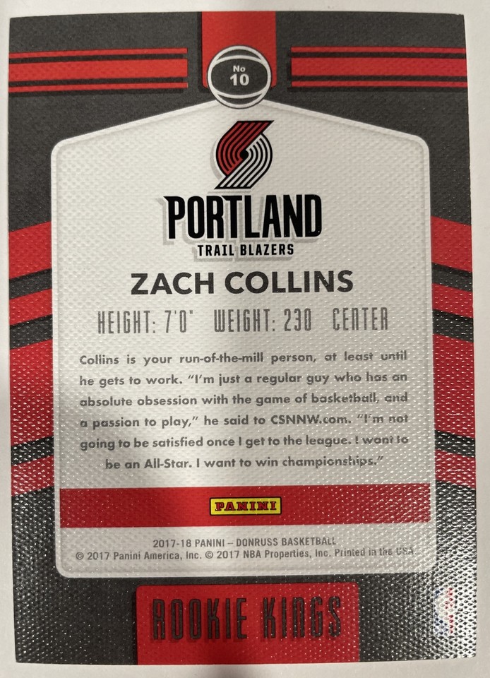 2017-2018 Donruss 47/99 Zach Collins Rookie Kings Press Proof Card 10 Near Mint | eBay