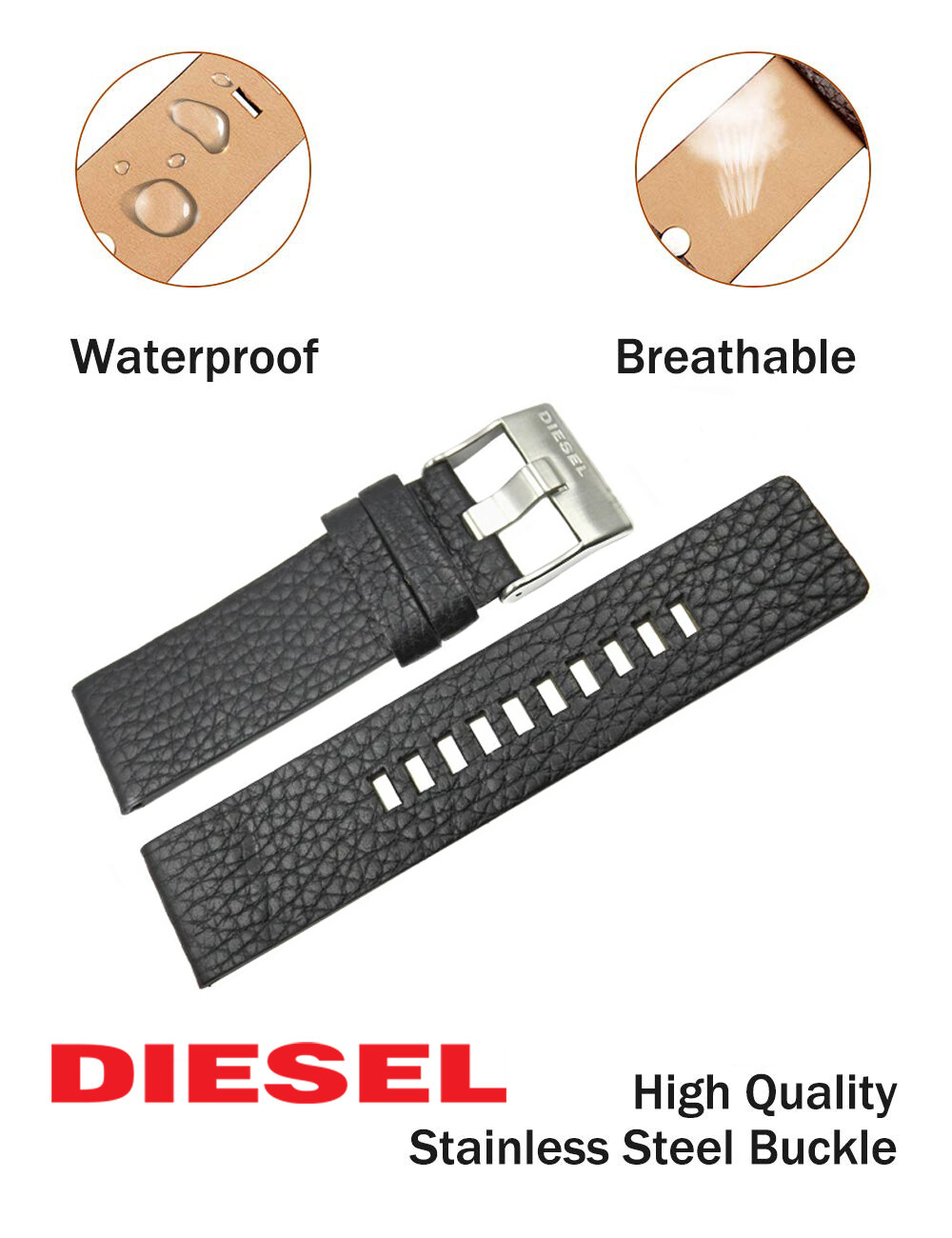 DIESEL Watch Strap Band BLACK/ BROWN 22mm 24mm 26mm 28mm DZ1544 DZ4210 ...