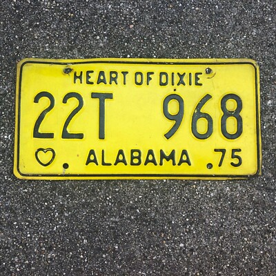 Alabama 1975 Yellow Heart of Dixie License Plate 22T 968 | eBay