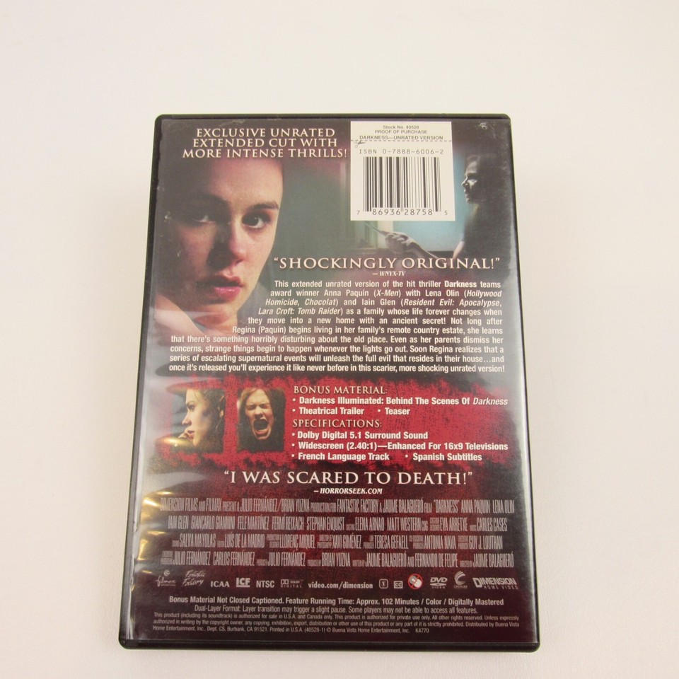 Darkness (DVD, 2005, Unrated Version) Anna Paquin, Lena Olin, Iain Glen 786936287585 | eBay