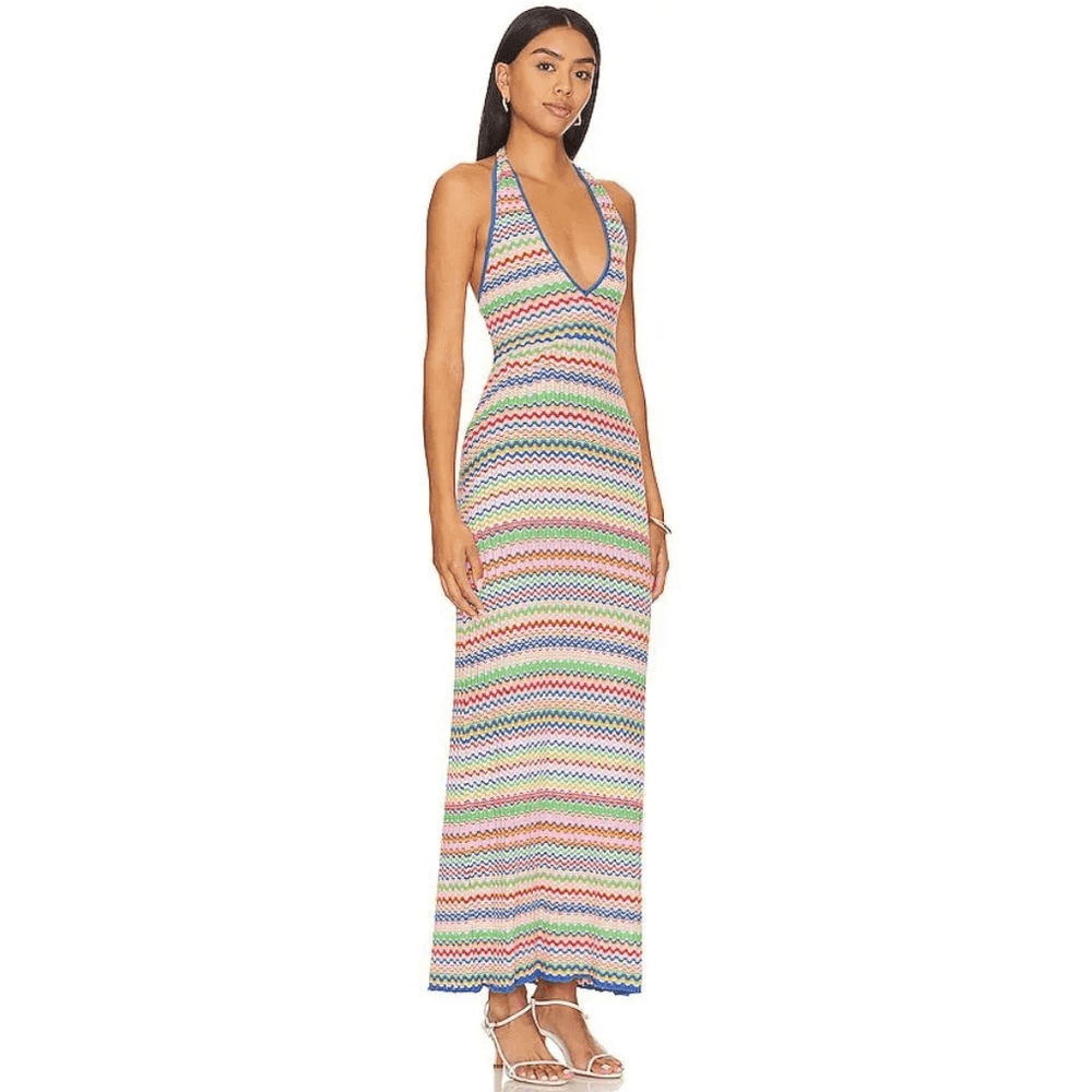 NWT SHOW ME YOUR MUMU Kate Halter Maxi Dress Rainbow Knit Large Revolve ...