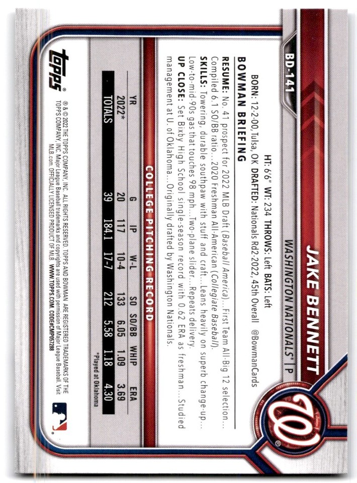 2022 1st Bowman Paper Prospect Jake Bennett Washington Nationals #BD ...