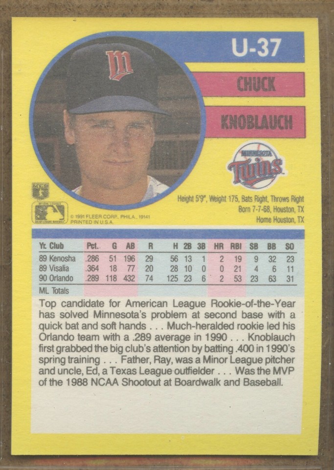 1991 Fleer Update #37 Chuck Knoblauch Minnesota Twins Rookie | eBay