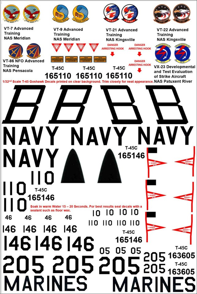 1/32 Scale T-45 Goshawk Decals for Revell Kit Navy Marine versions VT ...