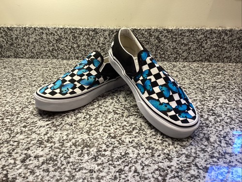 Vans Blue Butterfly Checkerboard Skateboard Shoes Slip On Women’s 6.5 ...