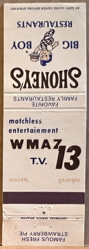 WMAZ TV Macon GA Georgia Shoney's Big Boy Restaurant Vintage Matchbook ...