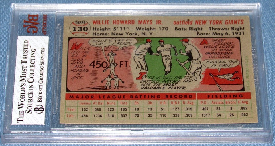 WILLIE MAYS: 1956 Topps Baseball Card; #130; BVG 5.5 Excellent+; 5, 6 ...
