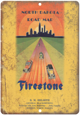 North dakota Road Map Firestone Ad 12" x 9" Reproduction Metal Sign ...