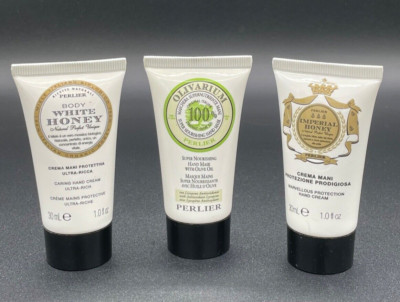 3 PERLIER HAND LOTIONS, 2 HAND CREAMS-1 HAND MASK 1 OZ. TRAVEL SZ MADE ...