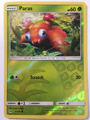 POKEMON PARAS 4/149 SUN & MOON BASE SET COMMON REVERSE HOLO NEAR MINT ...