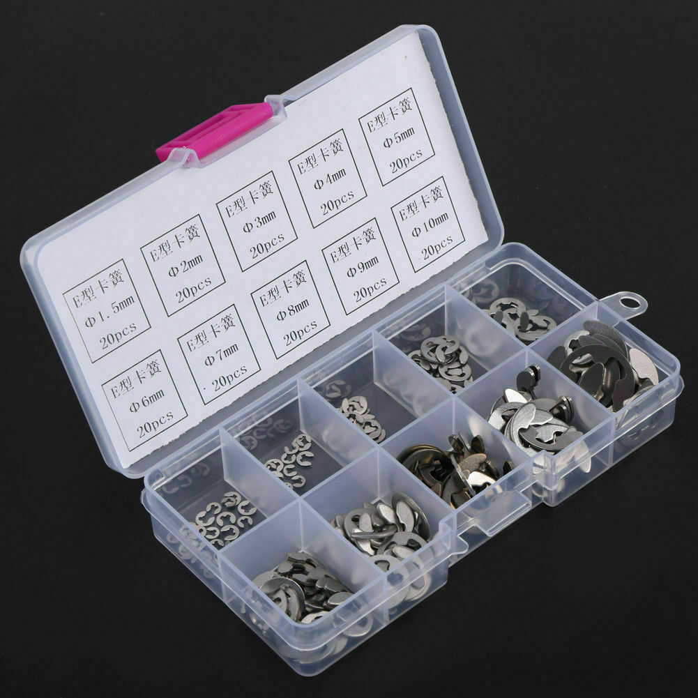200Pcs Stainless Steel E-Clip Assortment Kit 1.5 2 3 4 5 6 7 8 9 10 mm ...