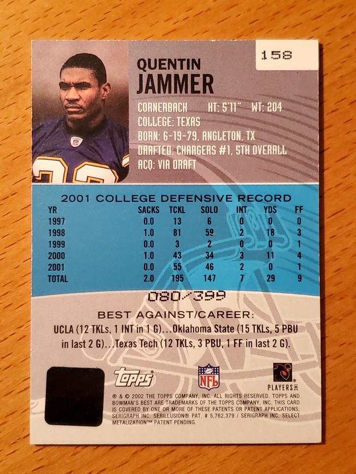 2002 Bowman's Best #158 Quentin Jammer Texas Chargers Rookie Auto | eBay