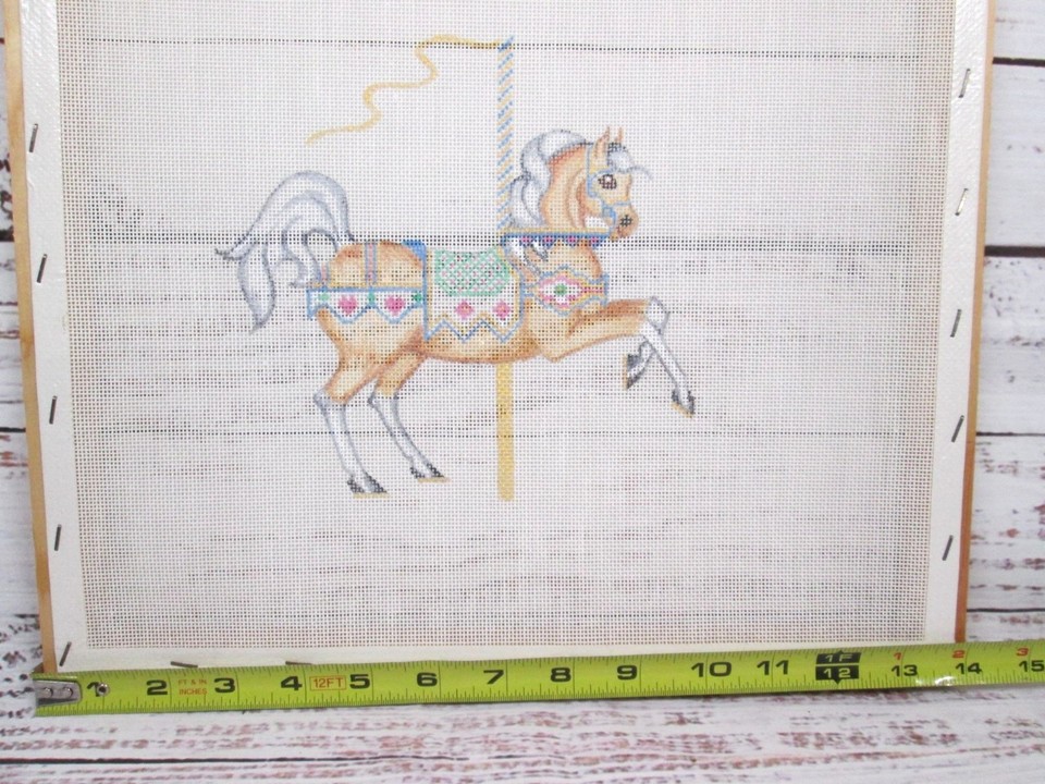 Hand Painted Needlepoint Canvas Carousel Horse White Brown Pink Heart ...