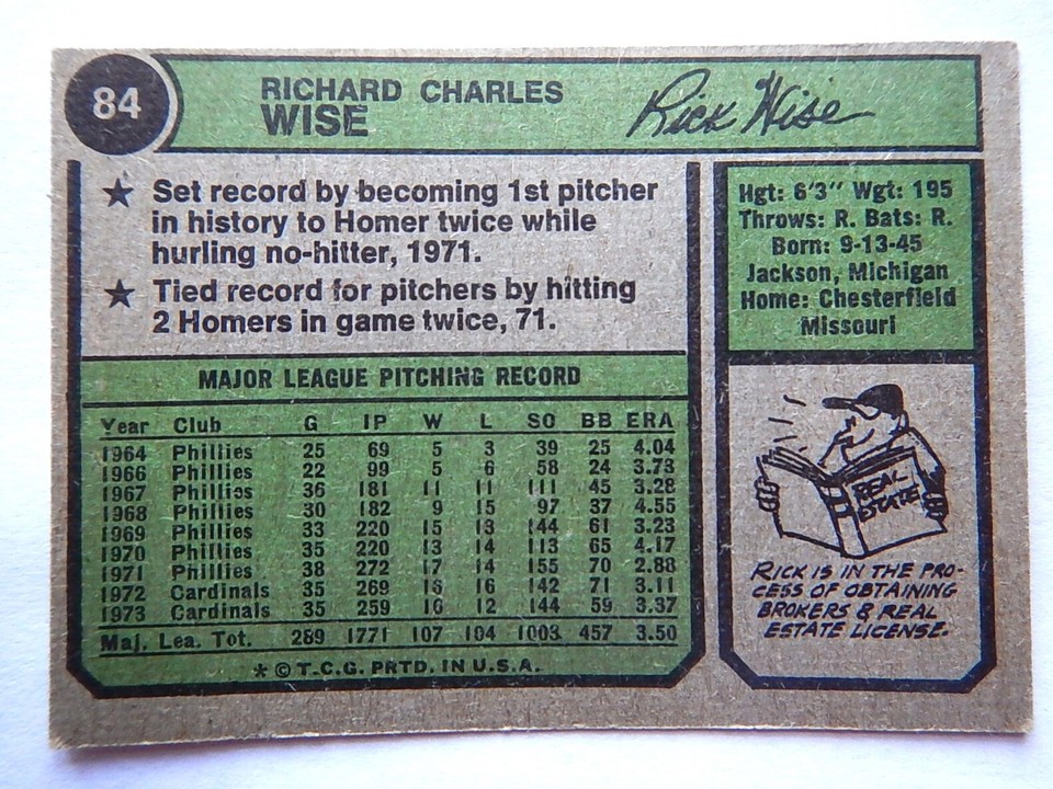 Rick Wise #84 Topps 1974 Baseball Card (Boston Red Sox) G | eBay
